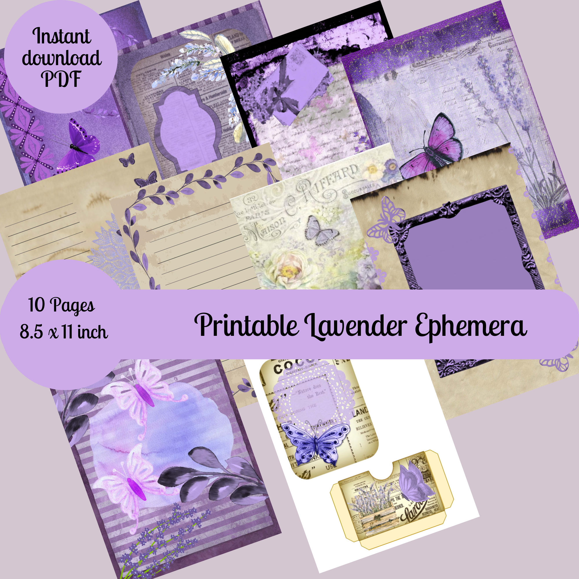Printable Lavender Themed Pages & Tags, Junk Journal Ephemera - Kelly's ...