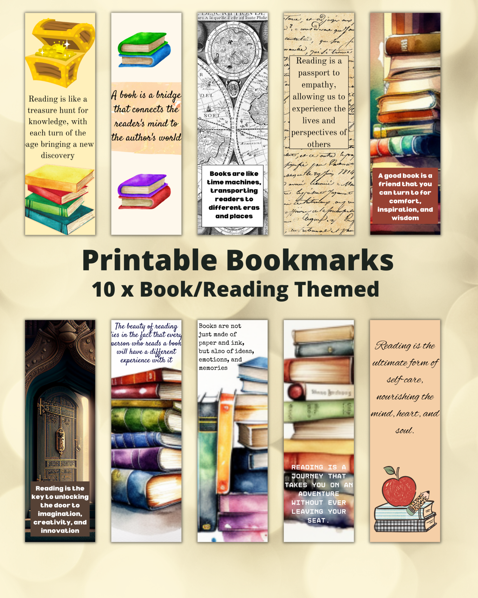 Printable 10 x Books/Reading Themed Bookmarks, Instant Download PDF ...