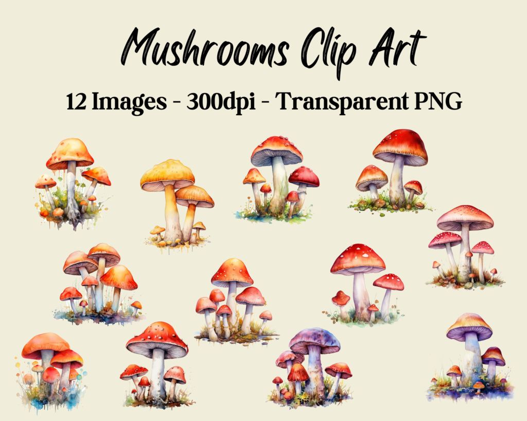 Watercolor Mushrooms Clip Art, 12 png images, 300 dpi, Commercial Use ...