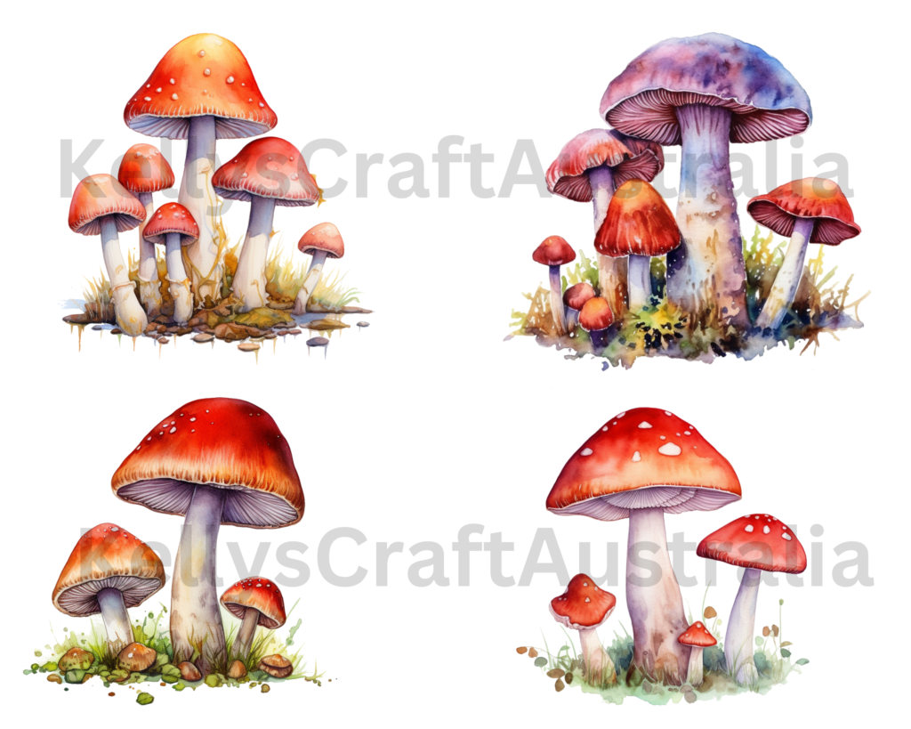 Watercolor Mushrooms Clip Art, 12 png images, 300 dpi, Commercial Use ...