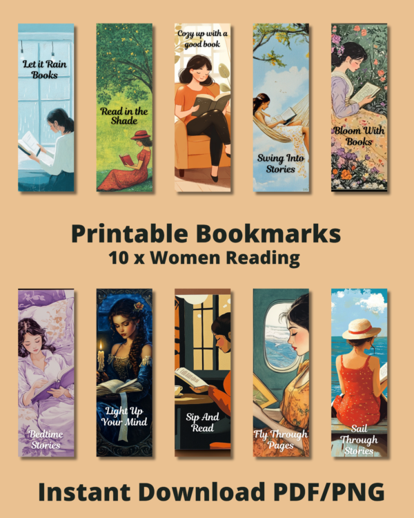 Printable 10 x Women Reading Bookmarks, Instant Download PDF/PNG ...